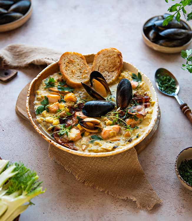 Sopa de amêijoa e salmão | Receita | Kikkoman